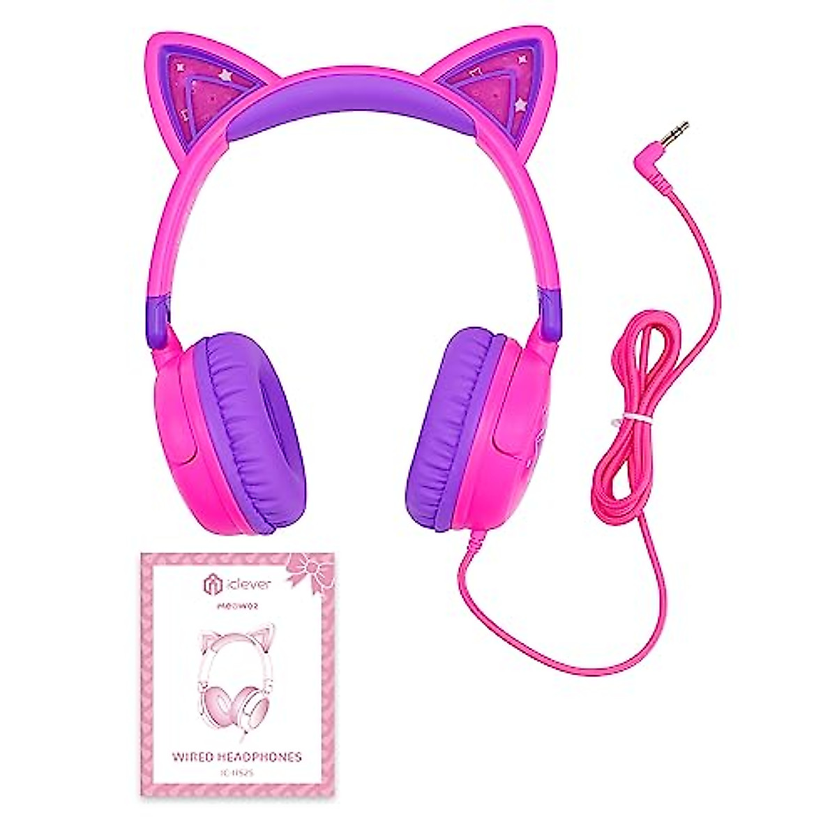 iClever Kids Headphones Cat Ear, LED Light Up, 85dBA Safe Volume, Stereo Sound Toddler Headphones for Travel School, Foldable 3.5mm Wired Kids Headphones for iPad Tablets, Meow Lollipop-Hot Pink