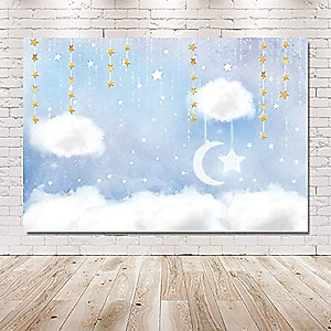 MEHOFOTO Blue and White Cloud Photo Studio Backdrop Props Prince Birthday Boy Baby Shower Party Decorations Hanging Gold Stars Twinkle Twinkle Little Stars Photography Background Banner 7x5ft