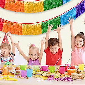 LOLStar Rainbow Foil Fringe Garland Party Decorations, 6 Feet Rainbow Tinsel Metallic Glitter Banner, Hanging Rainbow Table Skirts for Birthday Wedding Christmas Pride Month Parade Floats Decor