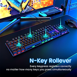 RisoPhy Mechanical Gaming Keyboard, RGB 104 Keys Ultra-Slim LED Backlit USB Wired Keyboard with Blue Switch, Durable ABS Keycaps/Anti-Ghosting/Spill-Resistant for PC Mac Xbox Gamer