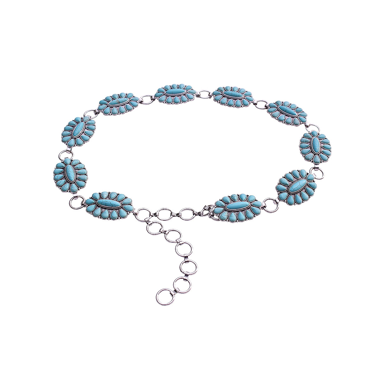 Wonderent Western Turquoise flower Concho Chain Belt No.2 (Turquoise)