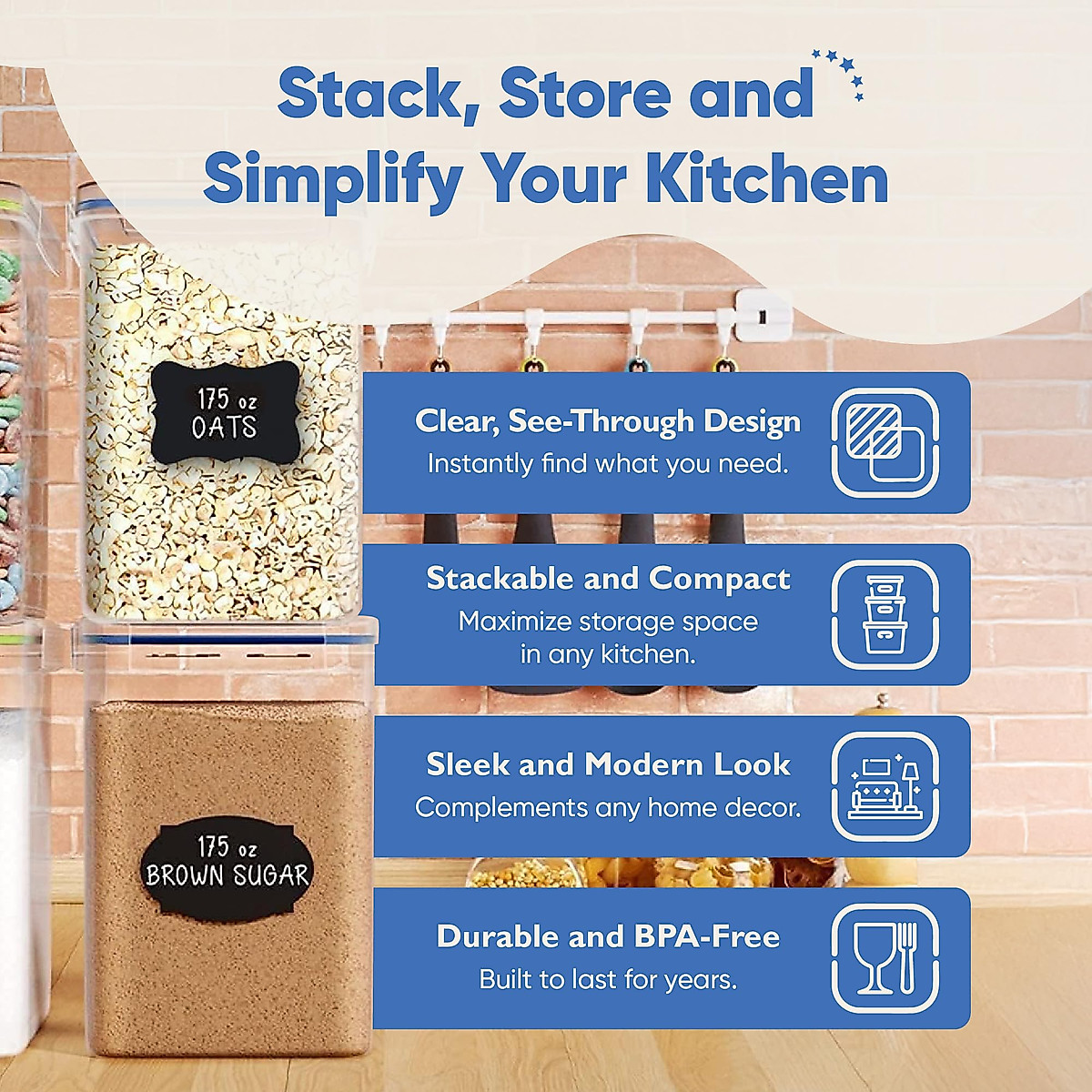 Chef's Path Food Storage Containers - Pantry Organization and Storage - Great for Flour, Sugar, Baking Supplies - Airtight Kitchen Bulk Food Canisters - BPA-Free - 6 PC Set - Spoons, 8 Labels & Pen