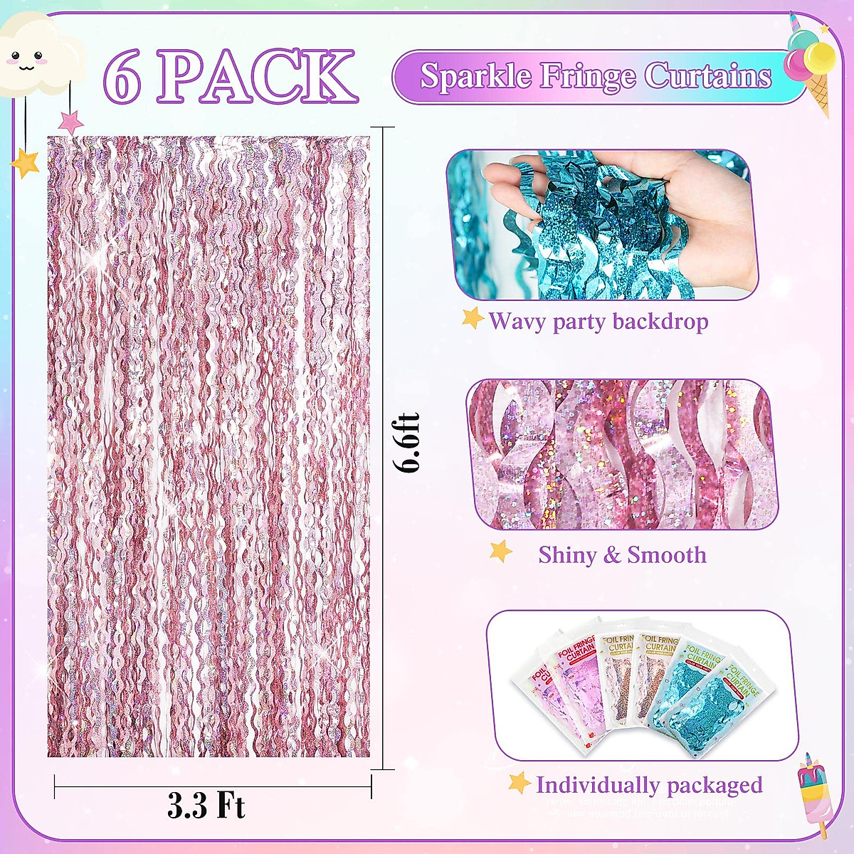 Jutom 6 Pieces Foil Fringe Backdrop Party Fringe Curtain 3.3 x 6.6 ft Tinsel Streamer Backdrop for Graduation Ocean Sea Birthday Wedding Baby Shower Holiday(Light Purple, Light Pink, Blue Green)