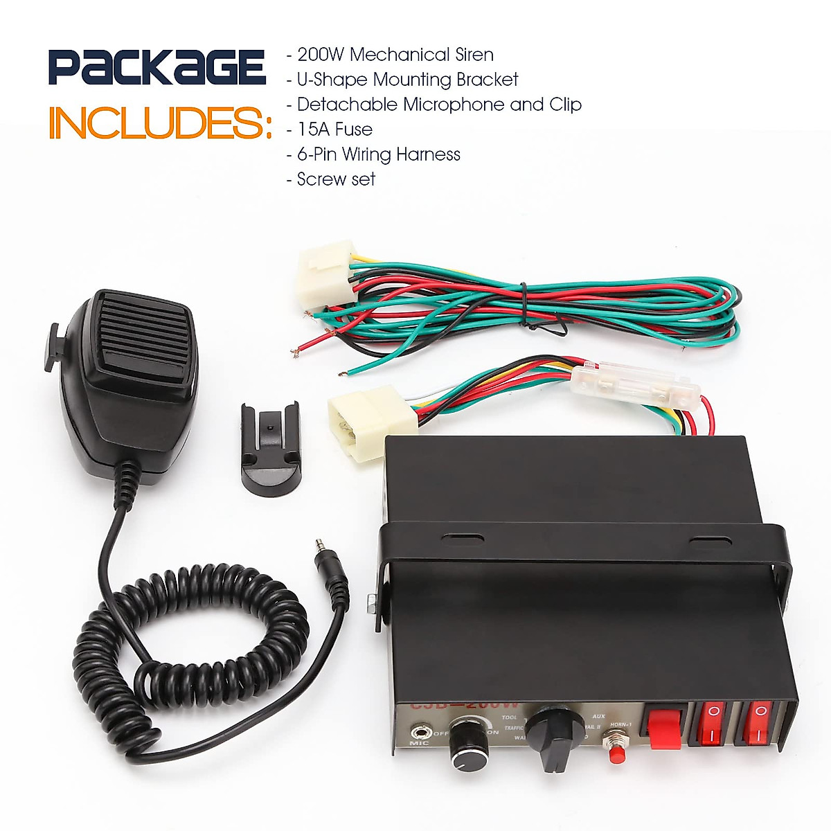 BooYu 12V 200W 9 Tones Police Emergency Warning Siren PA System [Handheld Microphone][Hands-Free][2 x 10A Switches] Capable with Any 8 Ohms/100-200 Watt Horn Speaker (Speaker Not Included)