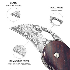 EZKIT Damascus Pocket Knife, Small Folding Wood Handle EDC Knife, Blade Length 2in