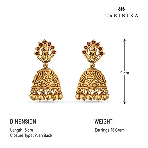 Tarinika Antique Gold Plated Utash Jhumkas with Temple Design - Indian Earrings for Women | Perfect for Ethnic Occasions | Traditional South Indian Jewelry | 1 Year Warranty*