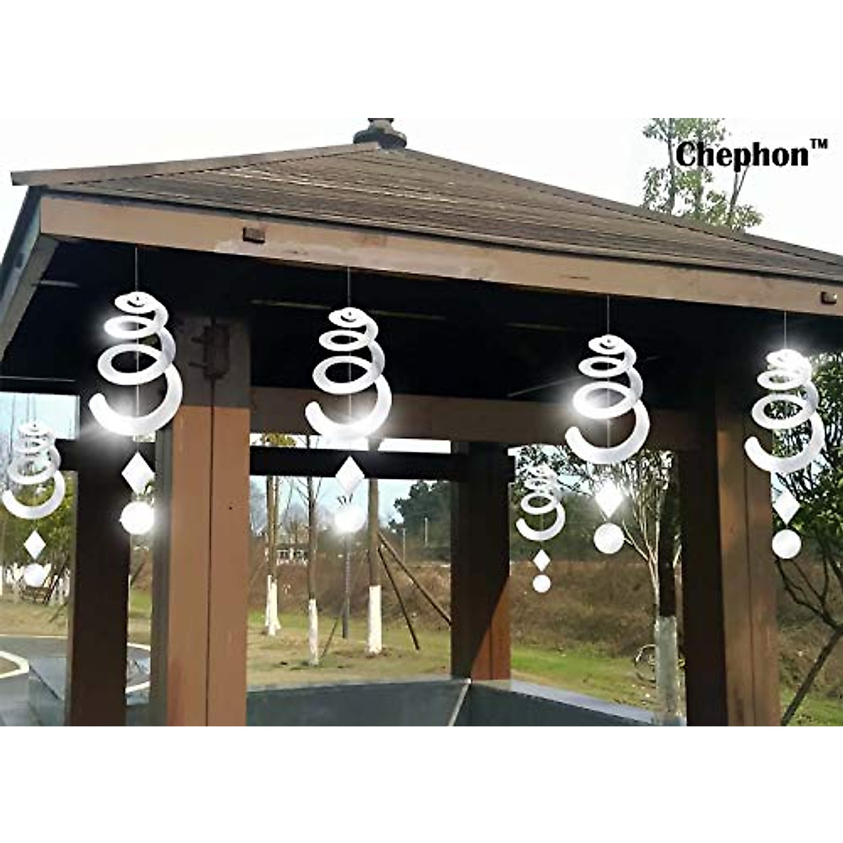 Chephon Bird Spiral Spinner Reflectors with Reflective Scare Discs - Decorative Bird Scare Device to Keep Birds Away Like Woodpeckers, Pigeons and Geese - 3 Pack with Free Hooks
