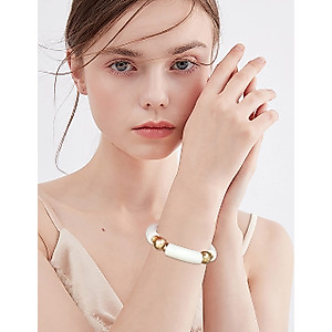 LALAPPLE Gold Plated Beaded Acrylic Bamboo Tube Bangle Bracelets for Women, Colorful Chunky Curved Tube With Gold Pieces Beads Stretch Bracelet Friendship Summer Beach Jewelry (A-Ivory)