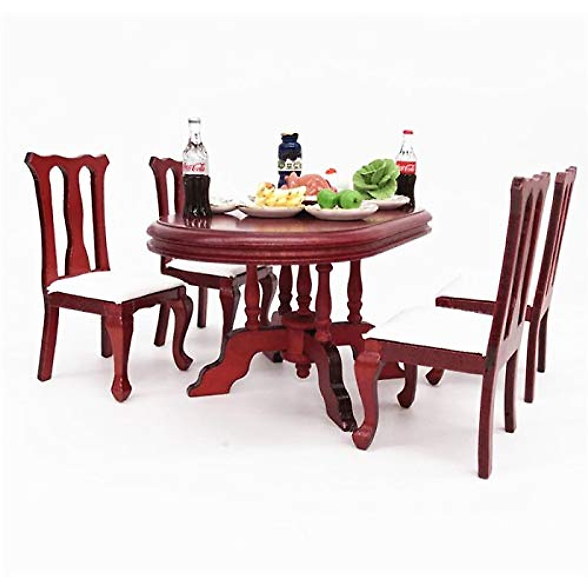EatingBiting 1:12 Dollhouse Miniature Furniture Red Wooden Dining Table Chairs 5pcs Set 1 Table and 4 Chair Wooden Creative Handcraft Gift for Boys Girls Perfect for Interior Model.