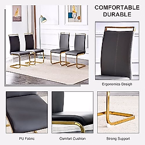 Baysitone Rectangular Glass Dining Table Set for 6, 71 inch Black Marble Polishing Dining Table with 4 Golden Coated Metal Legs, PU Faux Leather Chairs with Golden Metal Legs for Kitchen, Dark Gray