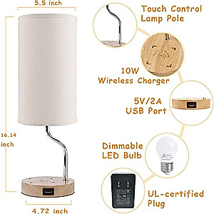 Unfusne Lamps for Bedrooms Set of 2,Nightstand Lamp with Wireless Charger,Touch Control Bedside Lamps with USB Port,Modern Lamps for Living Room Bedroom,Wooden Lamps with Bulbs