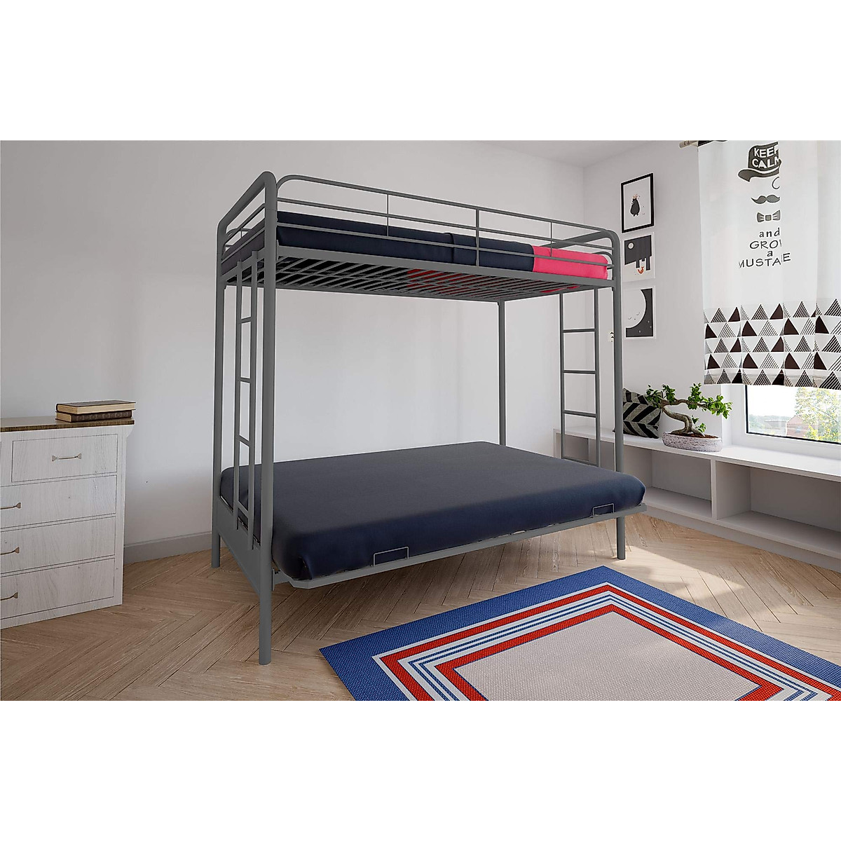 DHP Sammie Twin over Futon Metal Bunk Bed, Silver