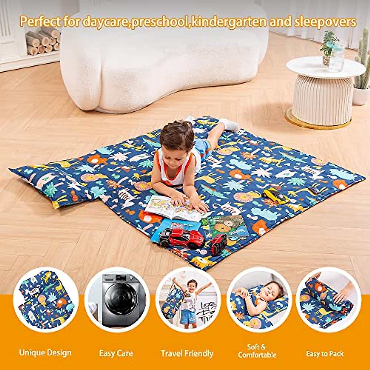 Rossison Nap Mat with Pillow and Blanket 100% Cotton with Microfiber Fill, Padded Sleeping Mat, for Daycare Preschool Toddler Prek Boys Girls Kids (Animal Park,Standard-50 x20)