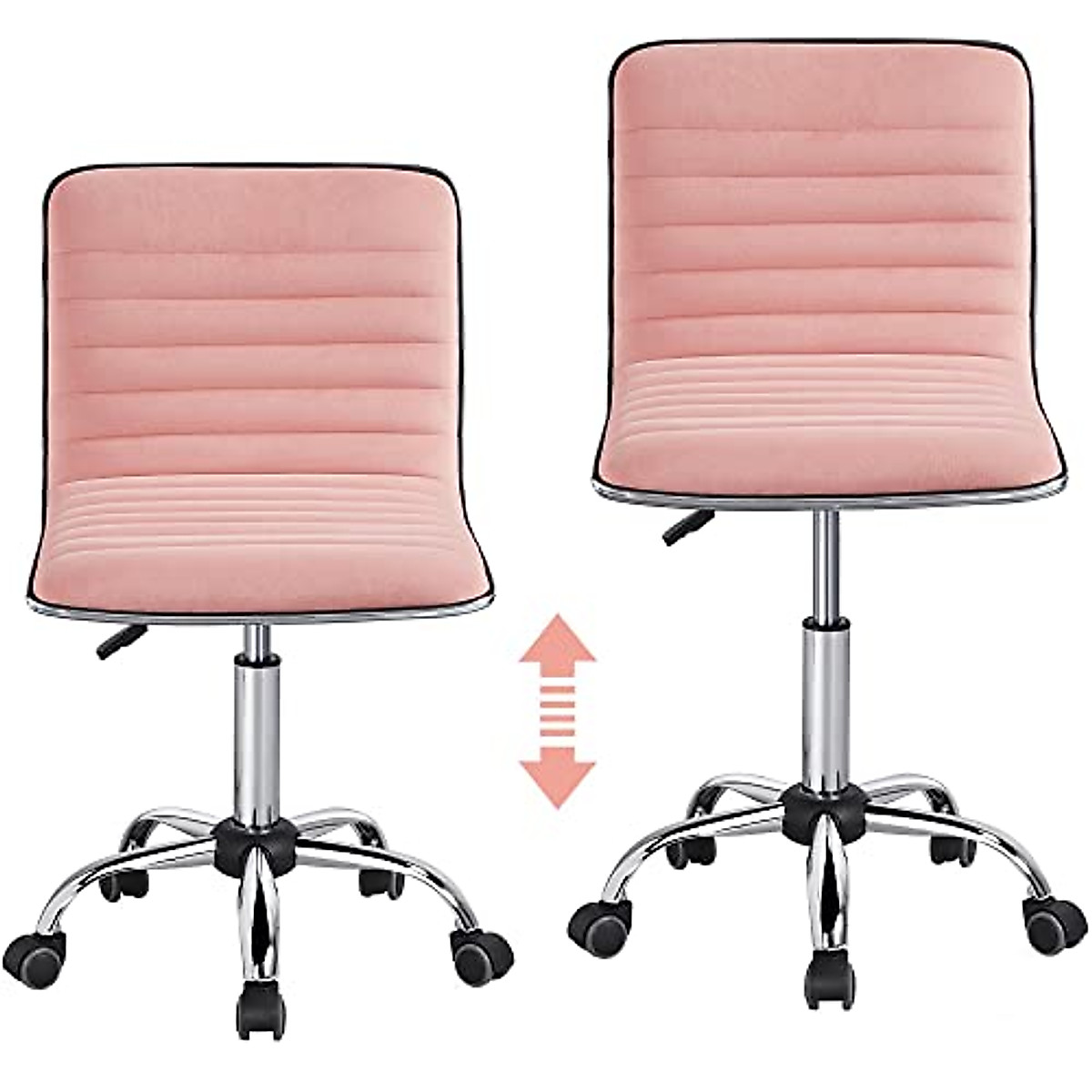 Yaheetech 2PCS Low Back Velvet Chairs Swivel Armless Desk Chair Ribbed Task Chair w/Lumbar Support, Wheels Apricot Pink
