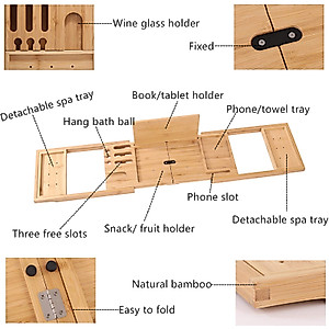 YCOCO Bathtub Tray,Expandable Bamboo Luxury Bath Tray for Tub,with Book Stand and Soap Dish,Tablet Holder,Wine Glass Slot