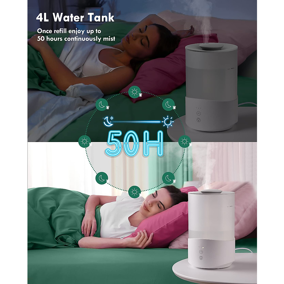 Fresnwel Cool Mist Humidifier, 4L Top Fill 7-Color Night Lights Bedroom Office, 2-in-1 Essential Oil Diffuser Baby Kids Nursery, Humidifier Adjustable Mist Mode, Auto Shut Off, White (NARF_42939)