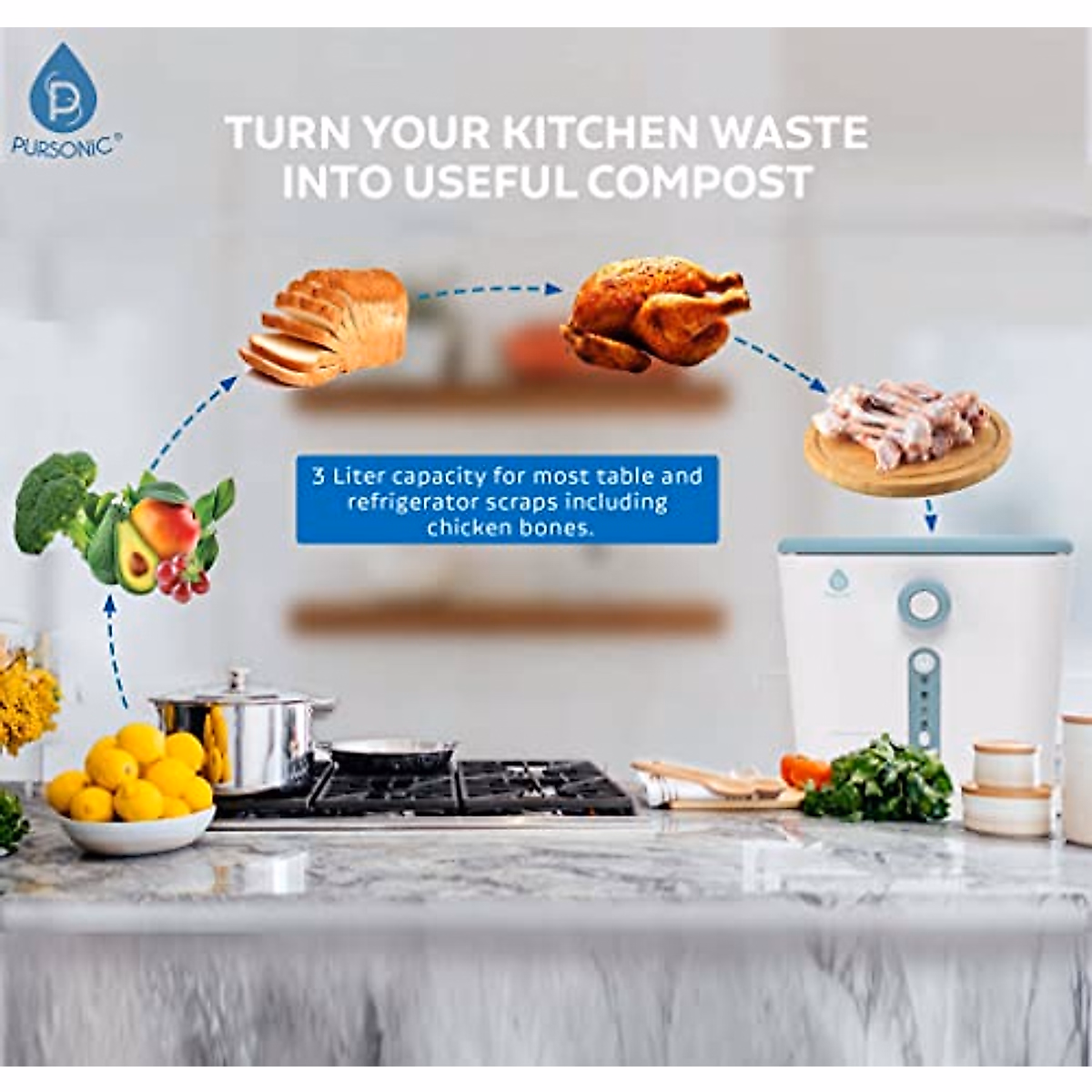 Pursonic Compost Bin Kitchen Trash Can Electric Recycling Bin - Food Waste Composter with 3L Capacity - Environment Friendly Indoor Compost Bin - Smart Compost Machine for Apartment Countertop