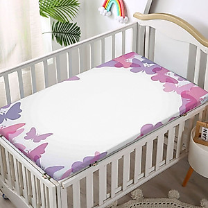 Butterfly Themed Fitted Crib Sheet,Standard Crib Mattress Fitted Sheet Toddler Bed Mattress Sheets-Great for Boy or Girl Room or Nursery, 28“ x52“,Pink Purple Gray