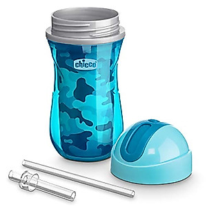 Chicco Insulated Flip-Top Straw Spill Free Baby Sippy Cup, 12 Months+, Blue/Teal, 9 Ounce (Pack of 2)