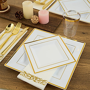 175 Piece Gold Dinnerware Set 25 Guest-50 Square Plastic Plates-25 Gold Plastic Silverware-25 Gold Plastic Cups-25 Gold Paper Napkins, FOCUSLINE Disposable Dinnerware Set