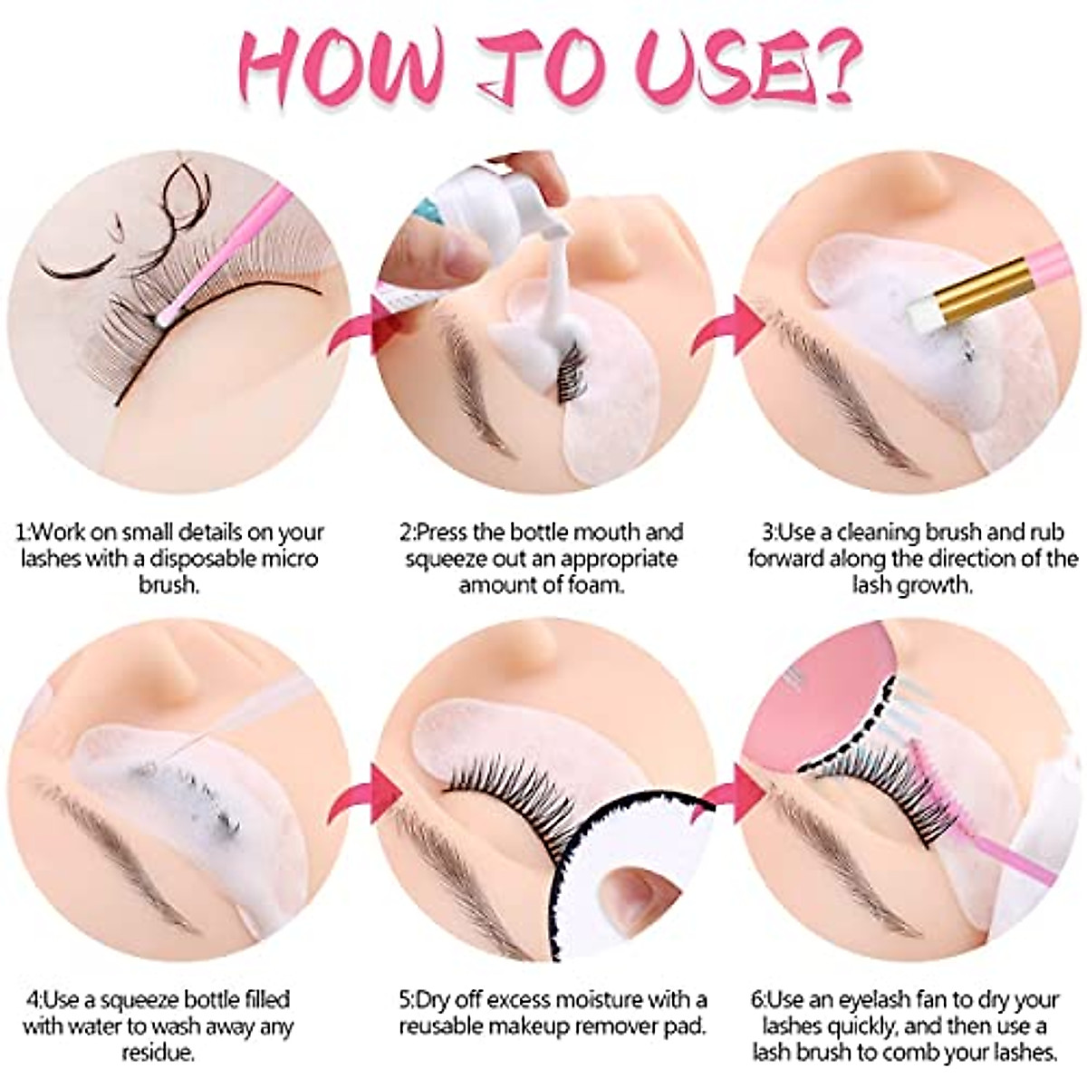 Qiveaory 150ml/5.07fl.oz Eyelash Extension Cleanser Extension Lash Shampoo Brush Mini USB Portable Lash Fan Mascara Brush Disposable Microbrush Wash Bottle Reusable Makeup Remover Pad Gentle Cleaning