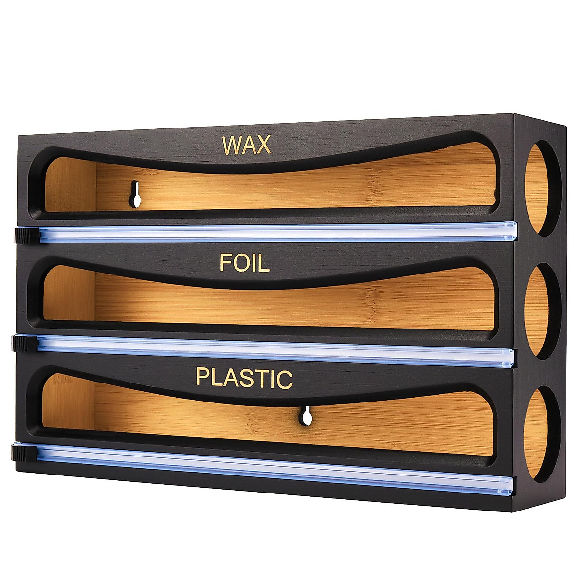 Cozee Bay Bamboo Wrap Dispenser with Cutter, Plastic Wrap Organizer, Aluminum Foil Organization, and Wax Paper Dispenser Holder for Kitchen Drawer and Wall, Compatible with 12" Roll (Black)