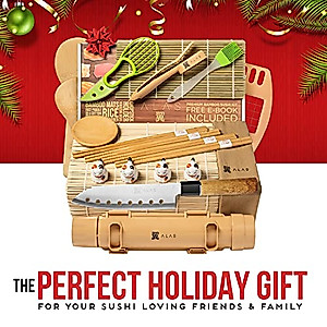 Sushi Making Kit- Complete Sushi Making Kit for Beginners & Pros Sushi Makers, Perfect Sushi Making Kitchen Accessories Like Sushi Knife, 2 Sushi Mats, Rice Bazooka, Dipping Plate, & More (Bamboo)