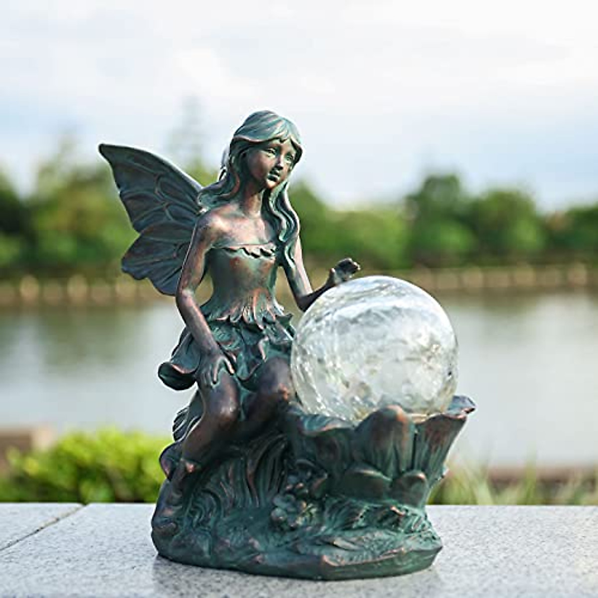 TERESA'S COLLECTIONS Fairy Garden Sculptures & Statues, Large Solar Outdoor Statue Figurines with Crackle Glass Globe, Resin Fairy Garden Decor for Outside Balcony Patio Deck Yard Decor,11.8 inch