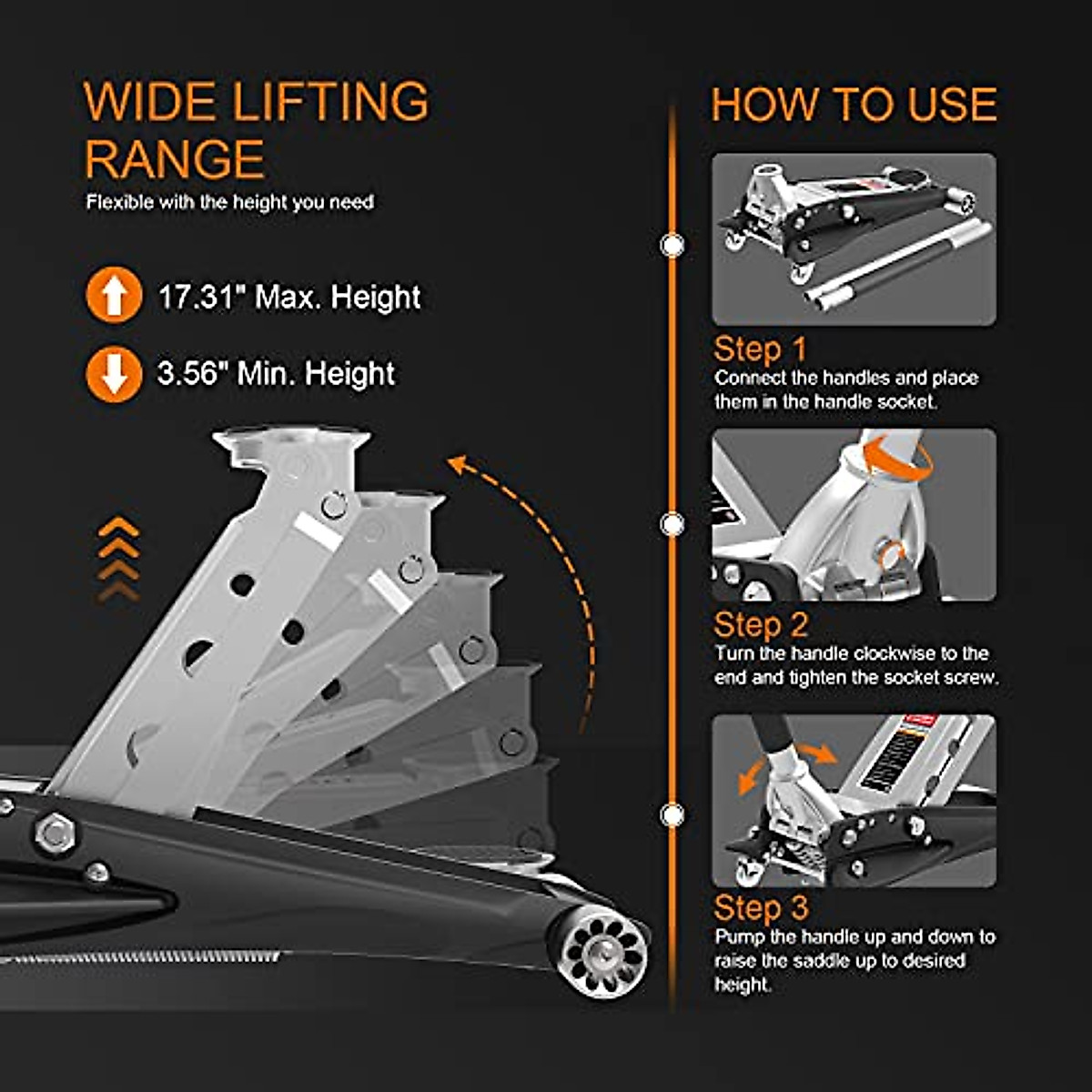 Torin TAM820010L Hydraulic Low Profile Aluminum Racing Floor Jack with Dual Piston Quick Lift Pump, 2 Ton (4,000 lb) Capacity, Black