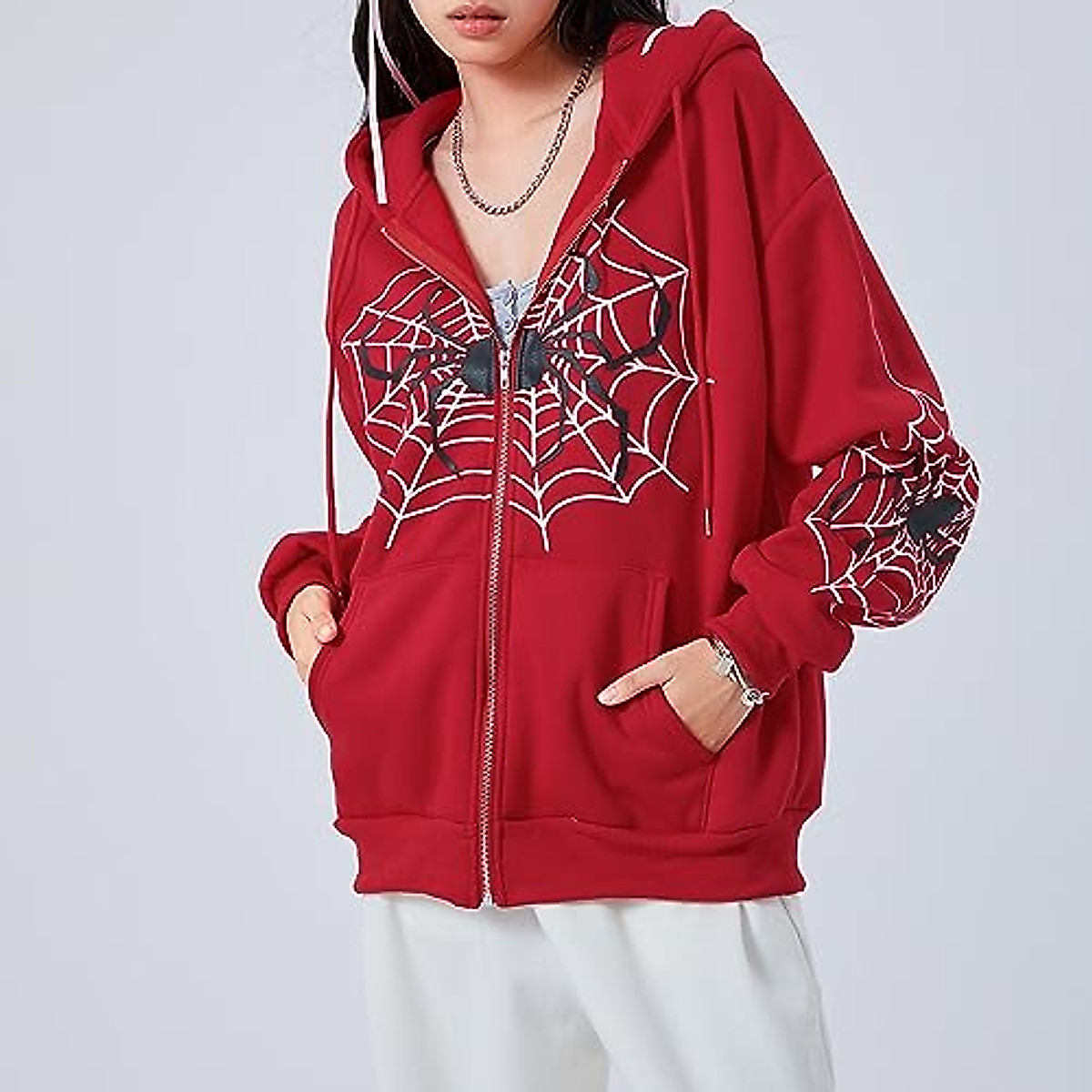 Axupico Women Y2k Zip Up Hoodie Long Sleeve Spider Web Thick Hoodies With Pockets Vintage Harajuku Clothing (Red, S)