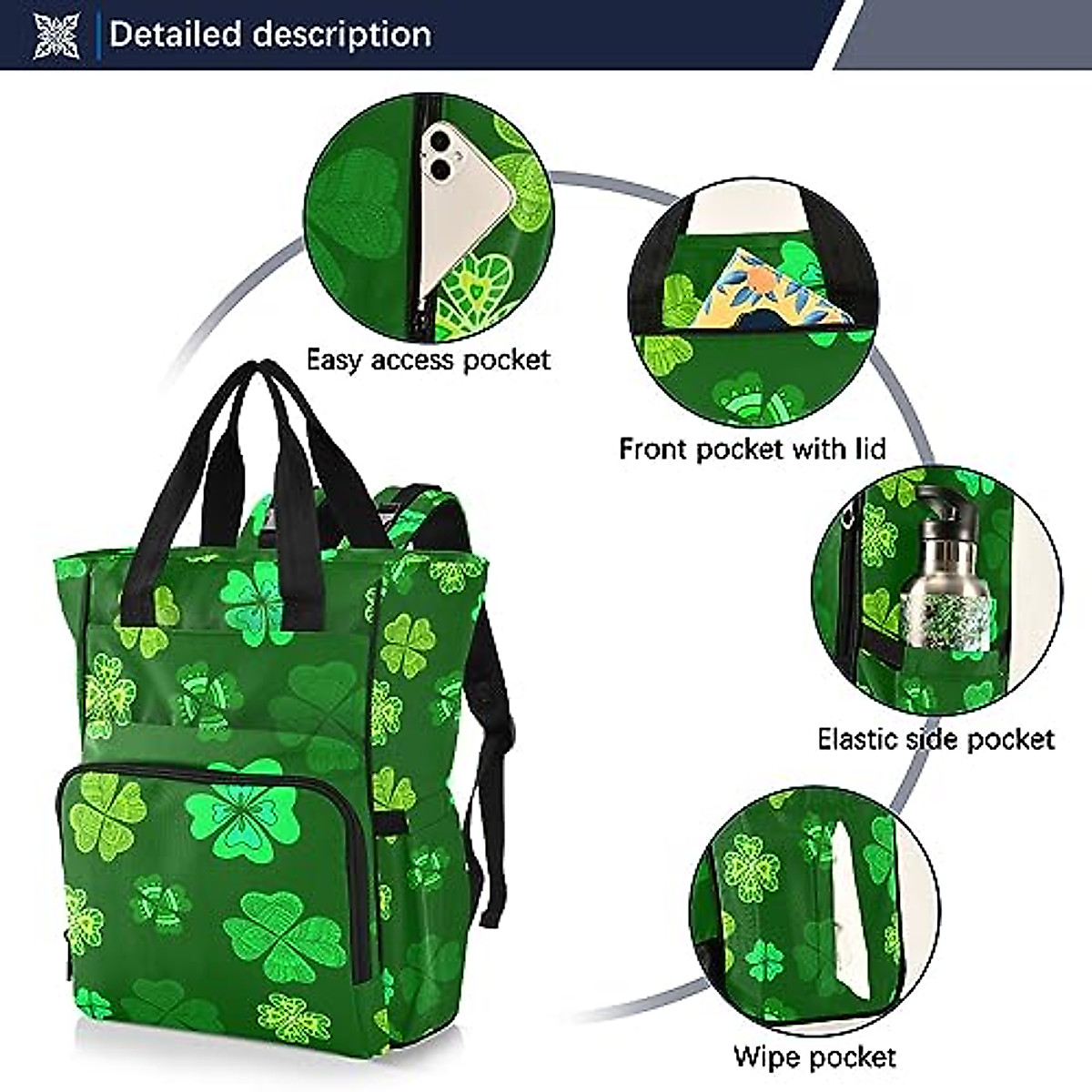 St Patrick's Day Clover Leaves Diaper Bag Backpack for Baby Boys Girls Baby Essentials Travel Tote with Stroller Straps & Bottle Storage Large Travel Diaper Backpack for Shopping Hiking Traveling