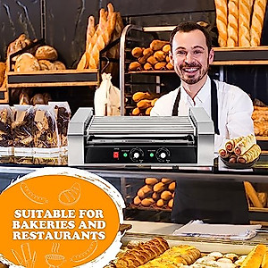 Yexiya 110V Electric Hot Dog Roller Machine Stainless Steel Grill Cooker Machine 7 Rollers Hot Dog Warmer with Oil Brush, Clip, Dishcloth and 100 Pcs Bamboo Sticks for Kitchen Canteen House Restaurant