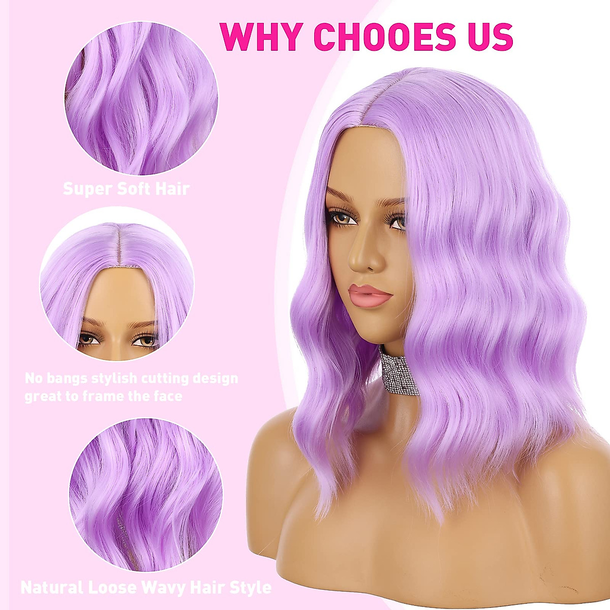 eNilecor Purple Wig, Short Colored Wigs Bob Wig for Women, Natural Wavy Colorful 14 Inch Middle Part Synthetic Wig for Cosplay Party Costume（lavender Purple）