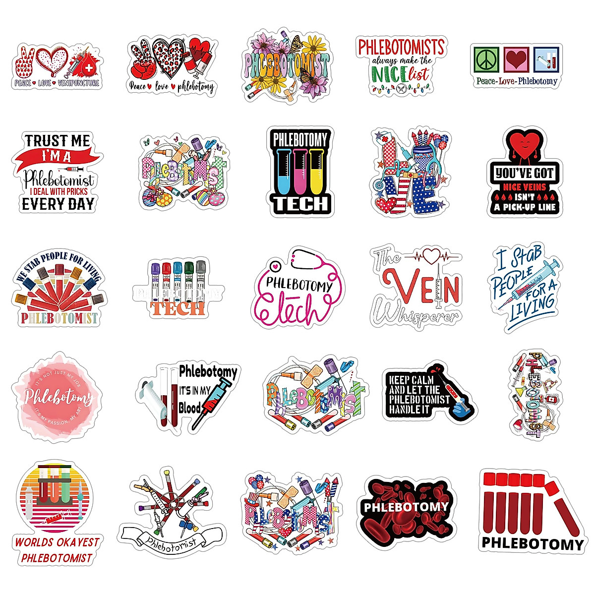 120Pcs Phlebotomy Stickers Pack, Aesthetic Vinyl Waterproof Sticker Decal for Water Bottle,Laptop,Phone,Skateboard,Helmet,Hard Hat Gifts for Kids Teens Adults for Party Supply Decor…