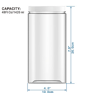 HoleviFO 48oz (1420 ml, 6 Pack) Clear Tall Plastic Jars with Smooth White Lids and Labels, Cylindrical Food Storage BPA Free PET Quart Size Canisters for Home & Kitchen Pantry Organization and Storage
