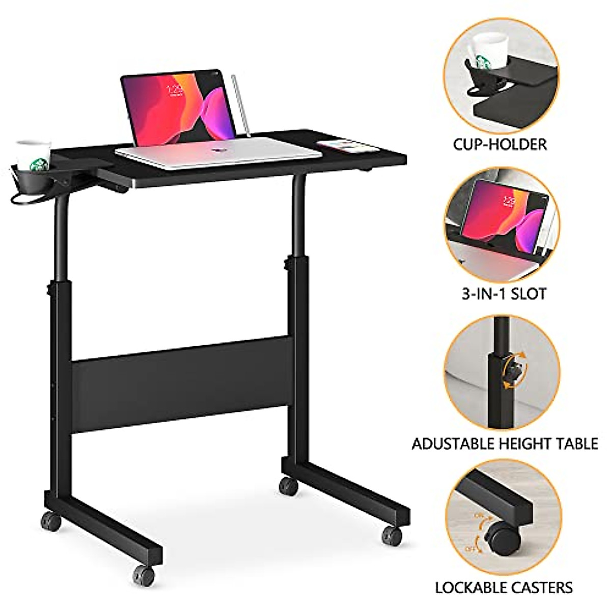 Klvied Standing Desk Adjustable Height, Stand Up Desk with Cup Holder, Portable Laptop Desk, Mobile Standing Desk, Small Computer Desk, Bedside Table, Black Rolling Desk, Work Desk for Home Office