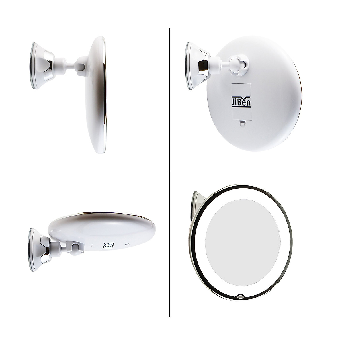 JiBen LED Lighted 10X Magnifying Makeup Mirror with Power Locking Suction Cup, Bright Diffused Light and 360 Degree Rotating Adjustable Arm, Portable Cordless Home and Travel Bathroom Vanity Mirror