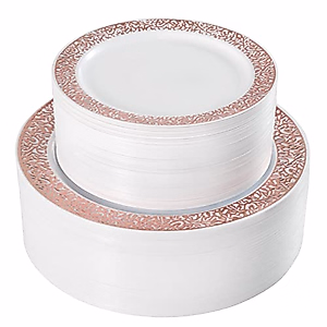 FOCUSLINE 102 pcs Rose Gold Plastic Party Plates Lace Design Disposable Plates Set, 51 Heavy Duty 10.25 Inch Dinner Plates and 51 7.5 Inch Dessert Plates