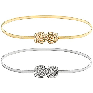 Juvale 4-Pack of Adjustable Fancy Dress Belts for Women, Skinny Stretch Metallic Waist Belts for Dresses, Blouse, Leaf and Rose Designs, Silver and Gold (27x0.35 in)