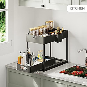 Under Sink Organizers and Storage, Bathroom Cabinet Organizer, Sink Shelf with Utility Hooks and Side Caddy for Under Cabinet Storage | Under Kitchen Sink Organizer with Sliding Drawer, Black (1-Pack)