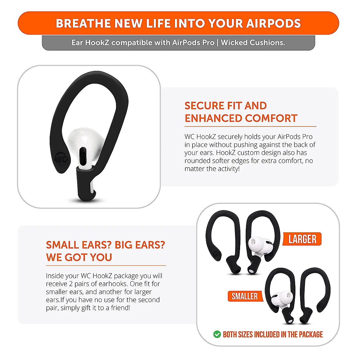 WC HookZ Combo Pack - Upgraded Over-Ear Hooks for AirPods Pro - 2 Pairs of Large & Small Size Included in Package Made by Wicked Cushions | Winter White & Pitch Black