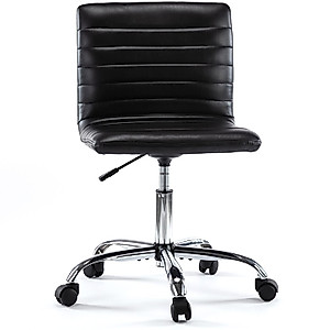 MCQ Armless Ribbed Home Desk Wheels, Faux Leather Office Adjustable Task, Mid Back Swivel Computer Chair, Jet Black