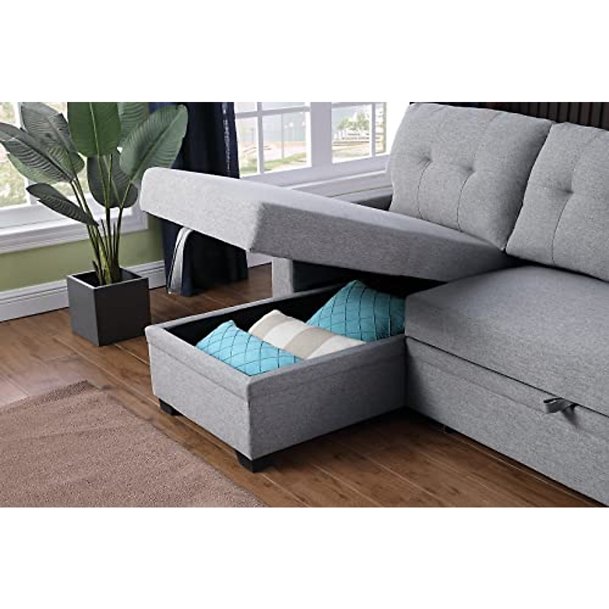 SONGG L Shaped Upholstered Sofa with Storage Chaise and Pull Out Bed, Linen Sectional Couch w/Removable Back Cushions,Button Tufted Backrest,for Living Room, Apartment, 82, Light Gray