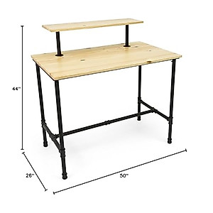 Displays2go, Large Pipe Display Table, Metal and Pine Wood Construction – Natural Finish, Black Hardware (PPLNNSTLRG)
