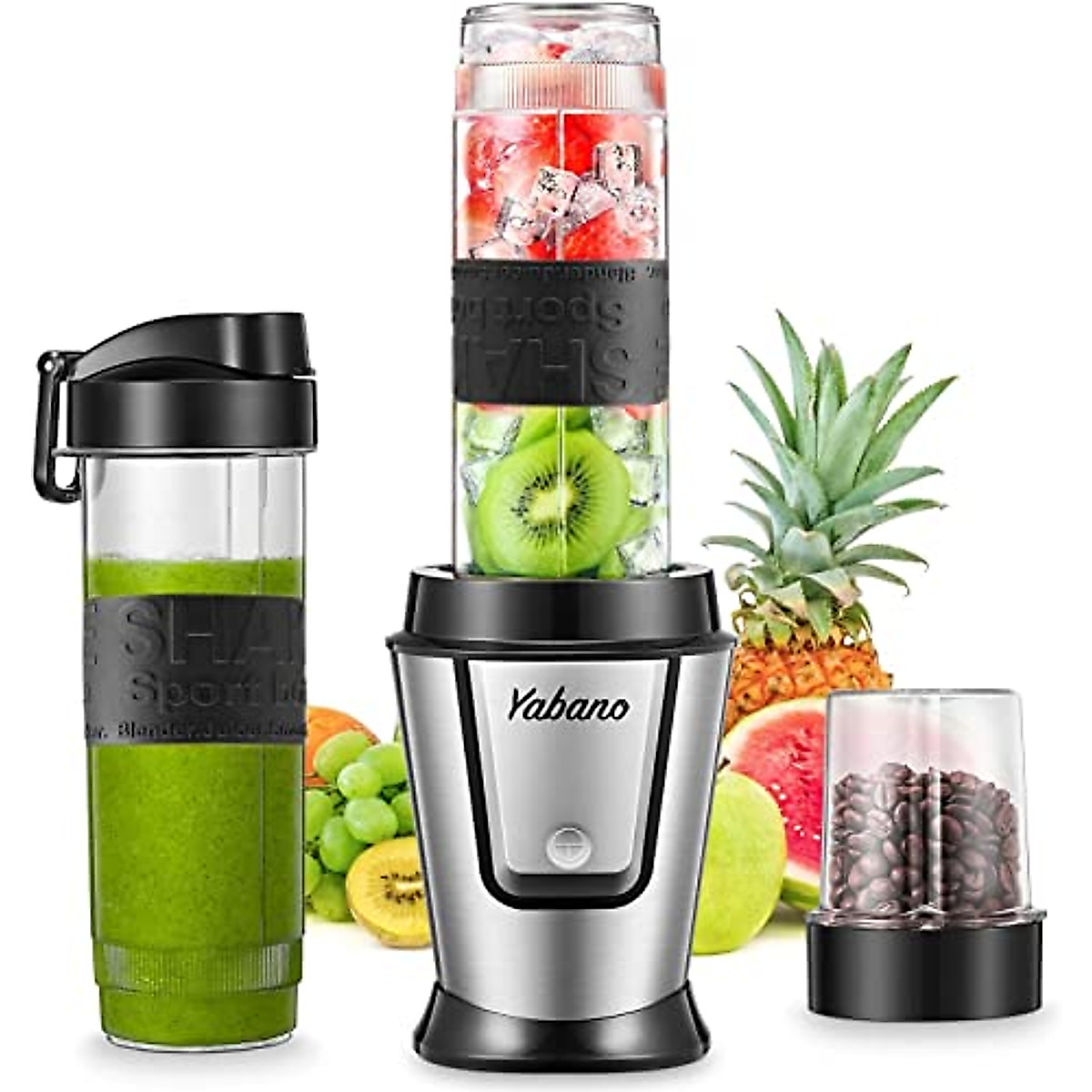 Personal Blender with 2 x 20oz Travel Bottle and Coffee/Spices Jar, Portable Smoothie Blender and Coffee Grinder in One , 500W Single Serve Blender for Shakes and Smoothies, BPA free, by Yabano (Black)