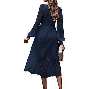 PRETTYGARDEN Women's Fall Dresses 2024 Long Sleeve V Neck Swiss Dot Smocked Ruffle Midi Dress Boho Chiffon Flowy Long Dress (Navy,Large)