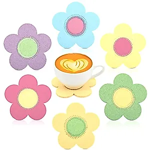 6 Pieces Danish Pastel Flower Coasters Aesthetic Cute Preppy Coasters Danish Pastel Room Decor Drinks Coffee Table Gift for Home, Green Pink Purple Orange Blue and Yellow, 3.7 Inches