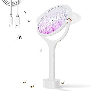 Dailytop Electric Fly Swatter, Rotatable Indoor Bug Zapper Racket, USB-C Rechargeable Mosquito Killer, 3500V High-Voltage Mosquito Zapper with UV Light, Standing Base, and Wall Mount