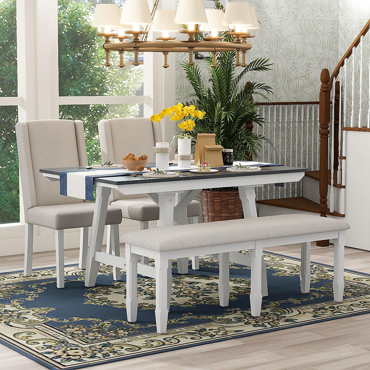 RUNWON 6-Piece Classic Set,Rectangular Extendable Table with Two Removable Leaves and 4 Upholstered Chairs and 1 Bench for Dining Room, Gray