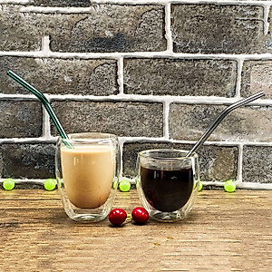 Colored Reusable Glass Straws, 8.7" x 8 mm Healthy Straw for Beverages Tea Coffee, ECO Friendly - BPA Free, Pack of 7 with 2 Cleaning Brush